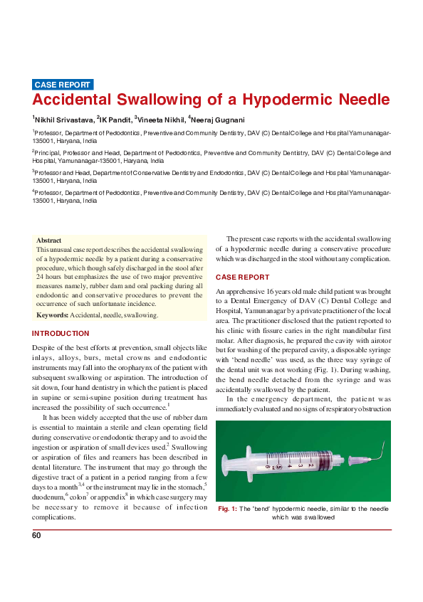 (PDF) Accidental Swallowing of a Hypodermic Needle | Nikhil Srivastava ...