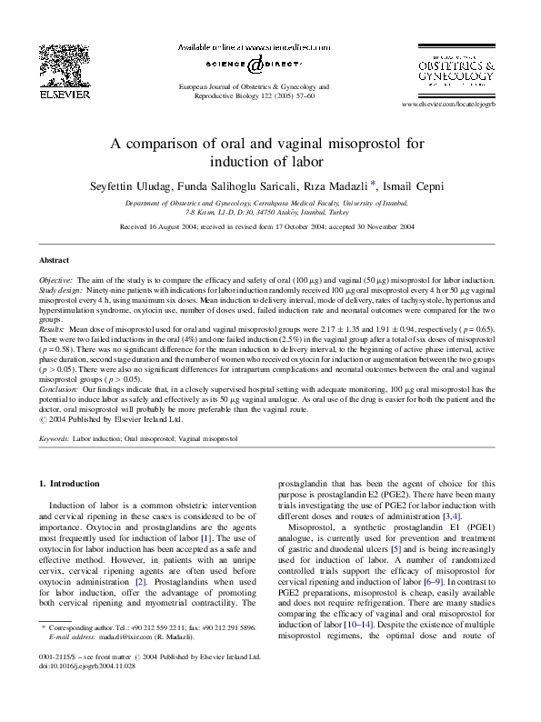 (PDF) A comparison of oral and vaginal misoprostol for induction of labor