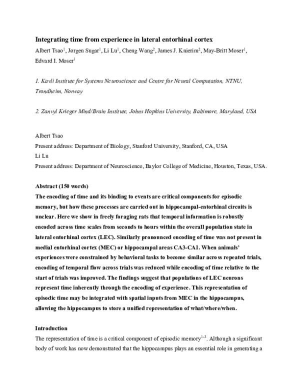 (PDF) Integrating time from experience in the lateral entorhinal cortex ...