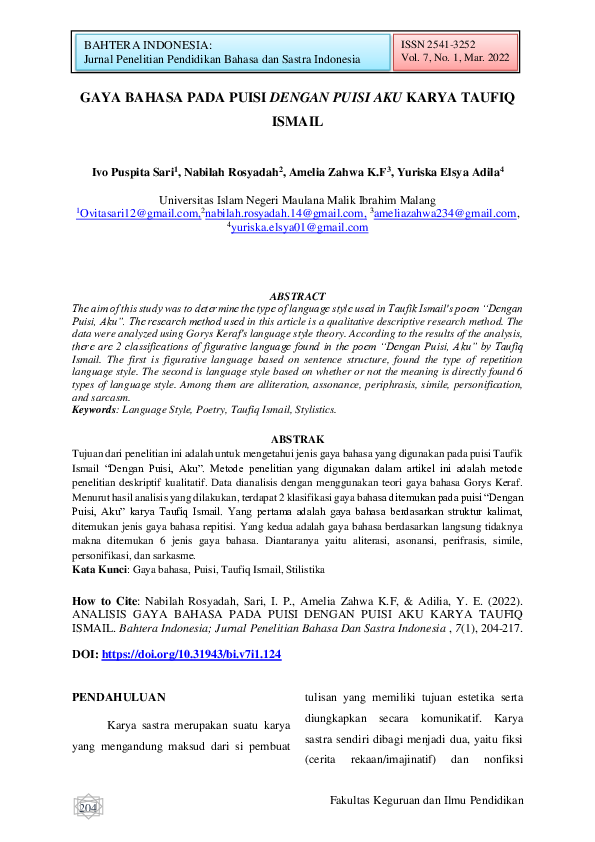(PDF) Analisis Gaya Bahasa Pada Puisi Dengan Puisi Aku Karya Taufiq Ismail