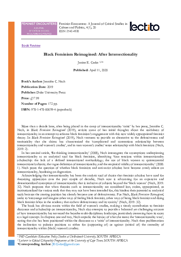 (PDF) Black Feminism Reimagined: After Intersectionality by Jennifer C ...