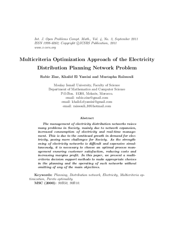 (PDF) Multicriteria Optimization Approach of the Electricity Distribution Planning Network Problem