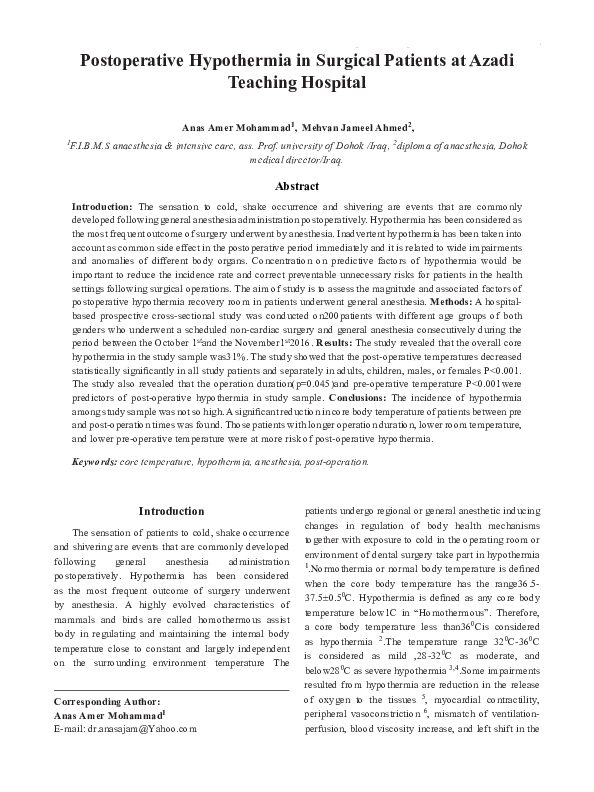 (PDF) Postoperative Hypothermia in Surgical Patients at Azadi Teaching ...