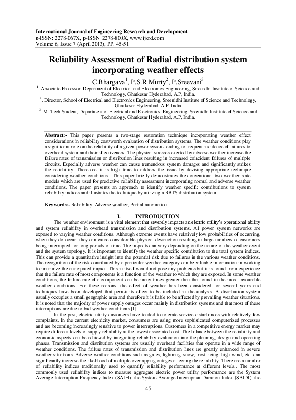 (PDF) Reliability Assessment of Radial distribution system incorporating weather effects