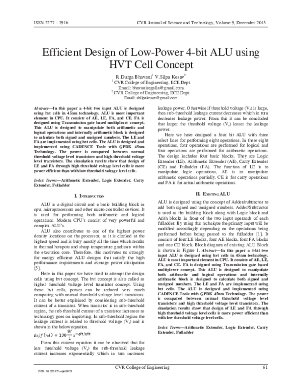 (PDF) Efficient Design of Low-Power 4-bit ALU using HVT Cell Concept