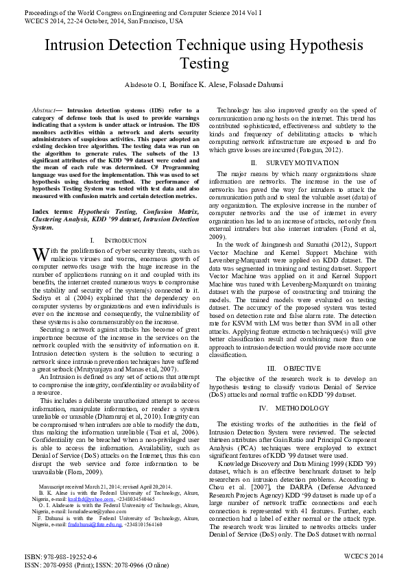 Pdf Intrusion Detection Technique Using Hypothesis Testing