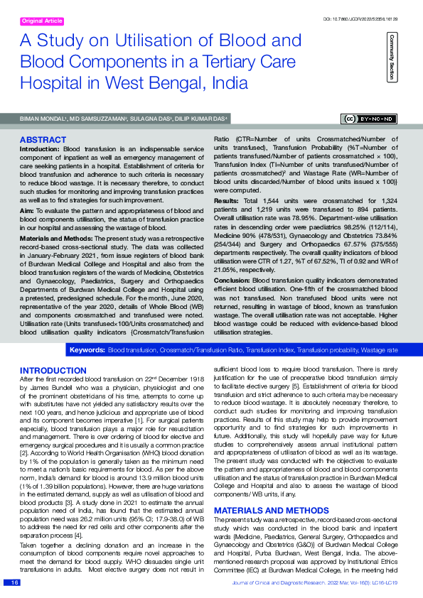 (PDF) A Study on Utilisation of Blood and Blood Components in a ...