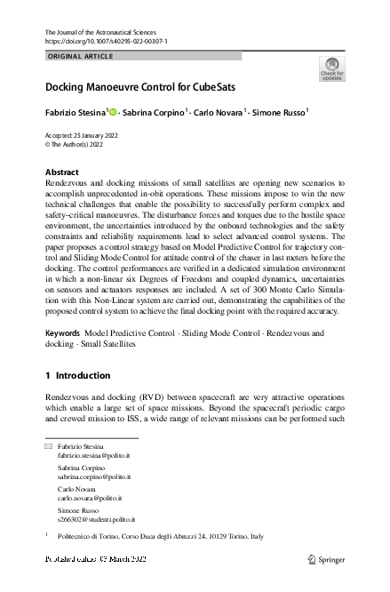 Pdf Docking Manoeuvre Control For Cubesats
