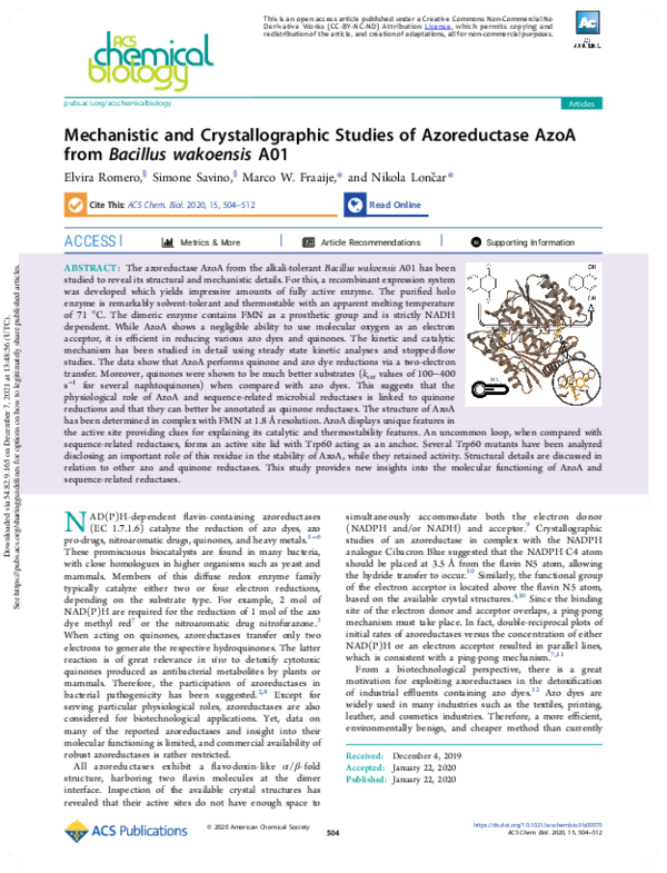 (PDF) Mechanistic and Crystallographic Studies of Azoreductase AzoA ...
