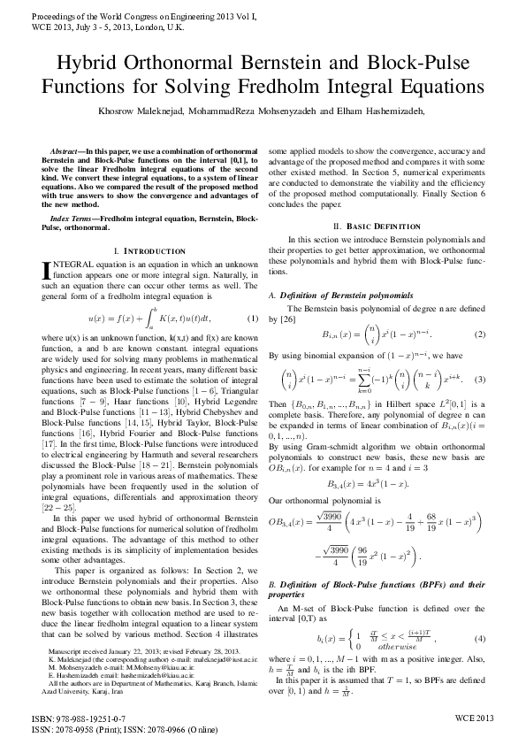 Pdf Hybrid Orthonormal Bernstein And Block Pulse Functions Wavelet Scheme For Solving The 2d