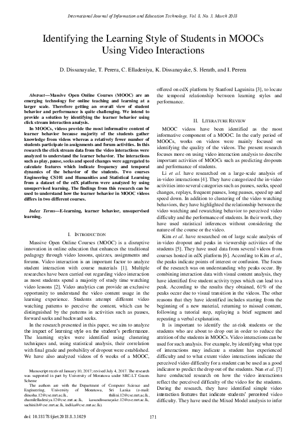 (PDF) Identifying the Learning Style of Students in MOOCs Using Video Interactions | ismail duru ...