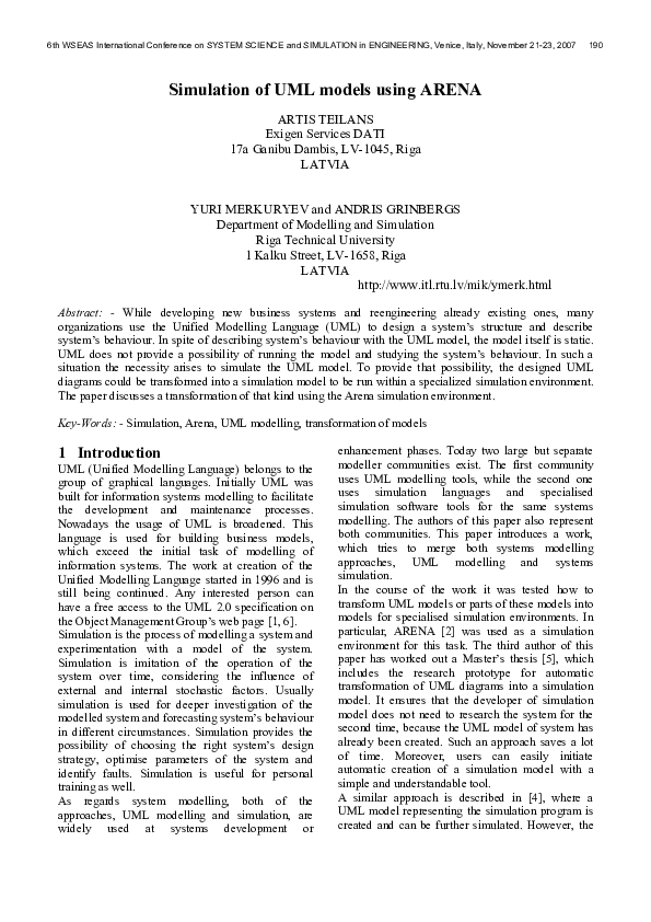 (PDF) Simulation of UML models using ARENA