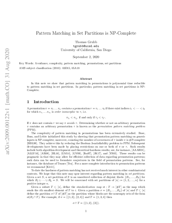 Pdf Pattern Matching In Set Partitions Np Complete