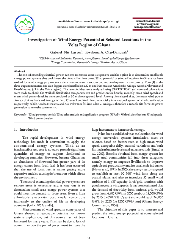 (PDF) Investigation of Wind Energy Potential at Selected Locations in ...