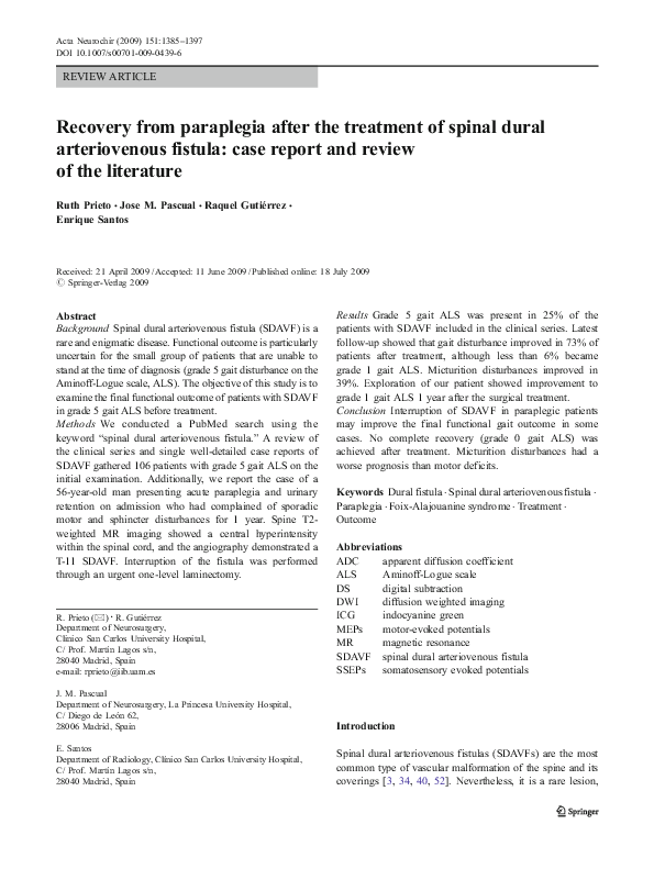 (PDF) Recovery from paraplegia after the treatment of spinal dural ...