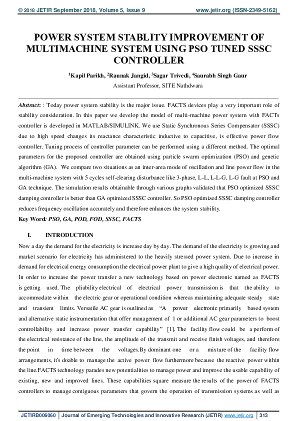 (PDF) Power System Stablity Improvement of Multimachine System Using Pso Tuned SSSC Controller