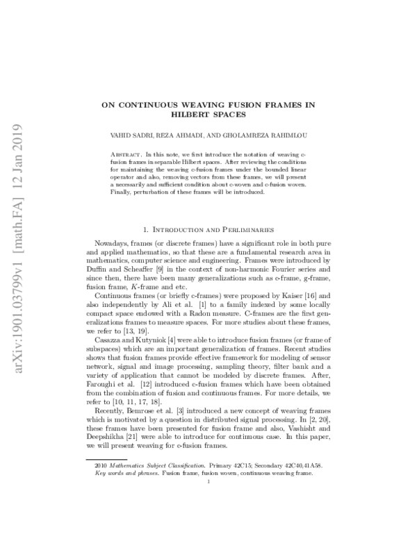 Pdf On Continuous Weaving Fusion Frames In Hilbert Spaces