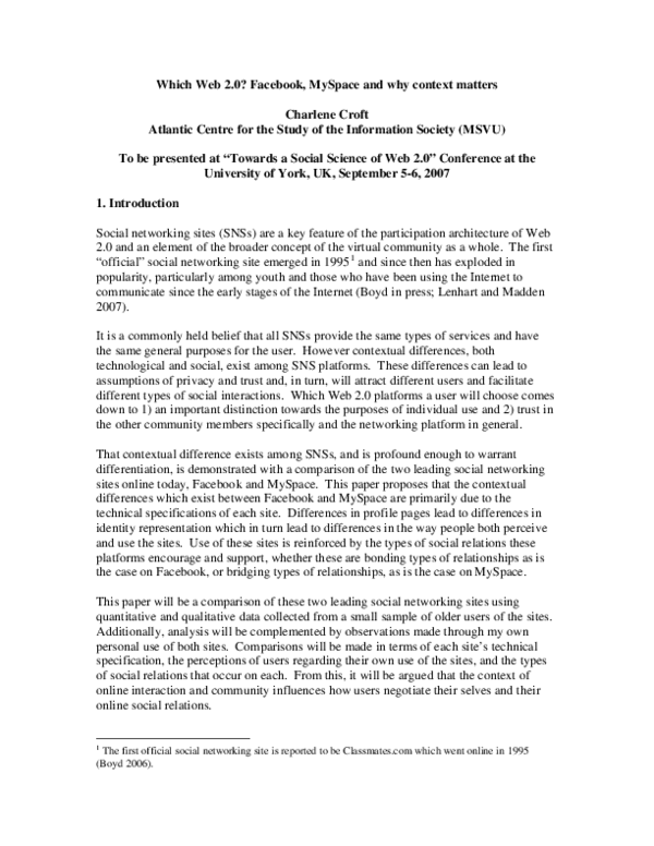 (PDF) Which Web 2.0? Facebook, MySpace and why context matters