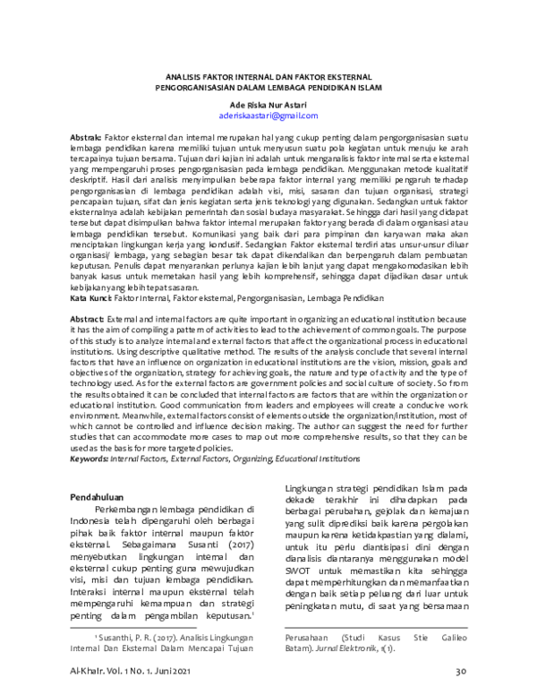 (PDF) ANALISIS FAKTOR INTERNAL DAN FAKTOR EKSTERNAL PENGORGANISASIAN DI LEMBAGA PENDIDIKAN Ade ...