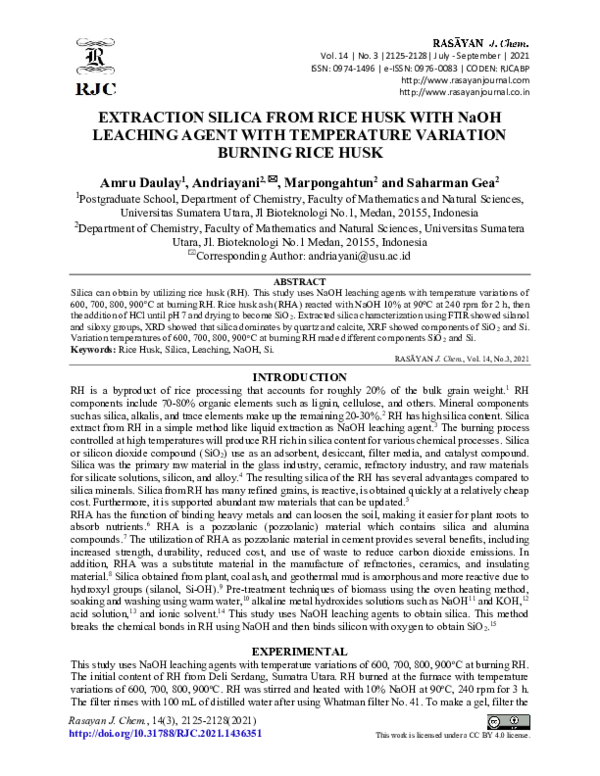 (PDF) EXTRACTION SILICA FROM RICE HUSK WITH NaOH LEACHING AGENT WITH ...