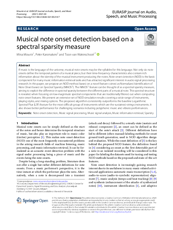 (PDF) Musical note onset detection based on a spectral sparsity measure
