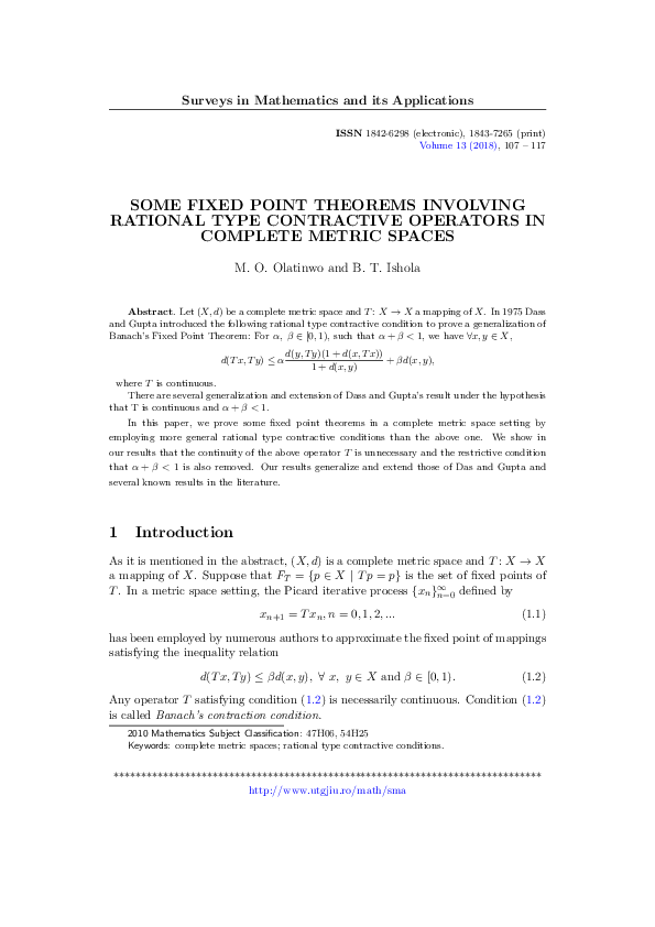 Pdf Some Fixed Point Theorems Involving Rational Type Contractive Operators In Complete Metric