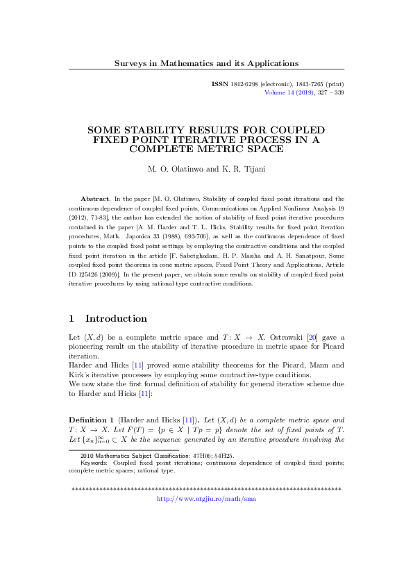 (PDF) Some stability results for coupled fixed point iterative process ...