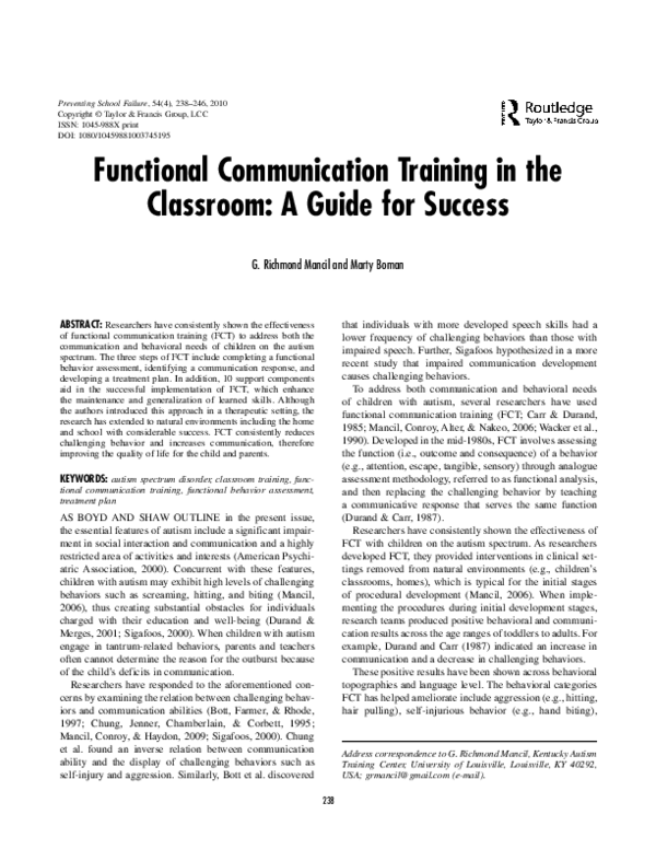(PDF) Functional Communication Training in the Classroom: A Guide for ...
