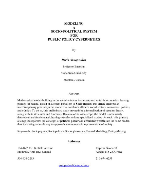 (PDF) Modeling a Socio-Political System for Public Policy Cybernetics