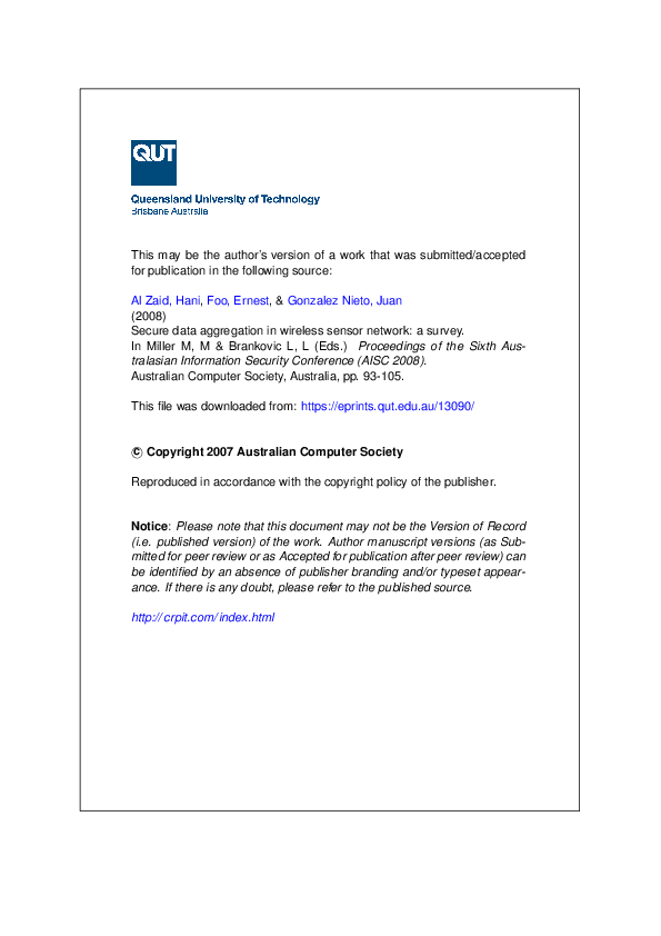 Pdf Secure Data Aggregation In Wireless Sensor Networks A Comprehensive Overview Monica