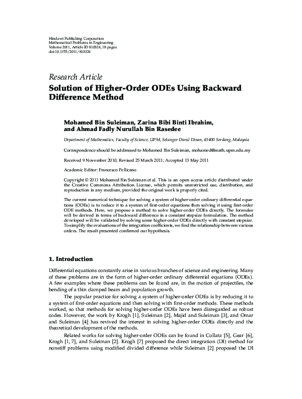 Pdf Solution Of Higher Order Odes Using Backward Difference Method