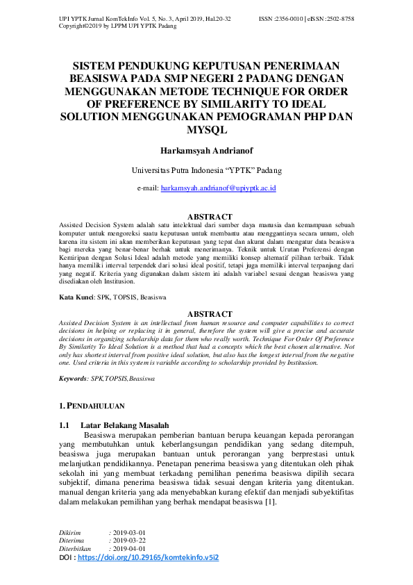 (PDF) Sistem Pendukung Keputusan Penerimaan Beasiswa pada SMP Negeri 2 ...