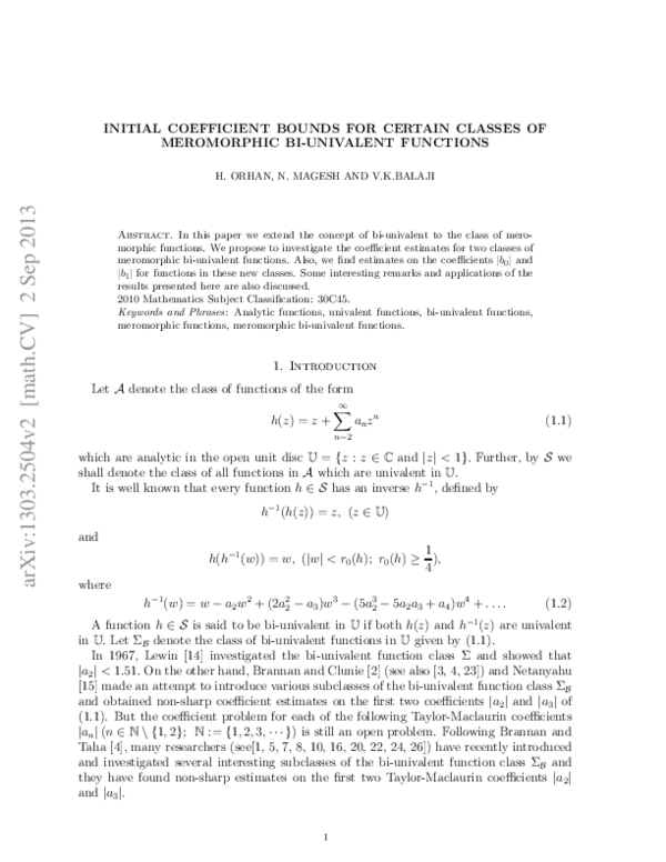 Pdf Initial Coefficient Bounds For Certain Classes Of Meromorphic Bi Univalent Functions V K