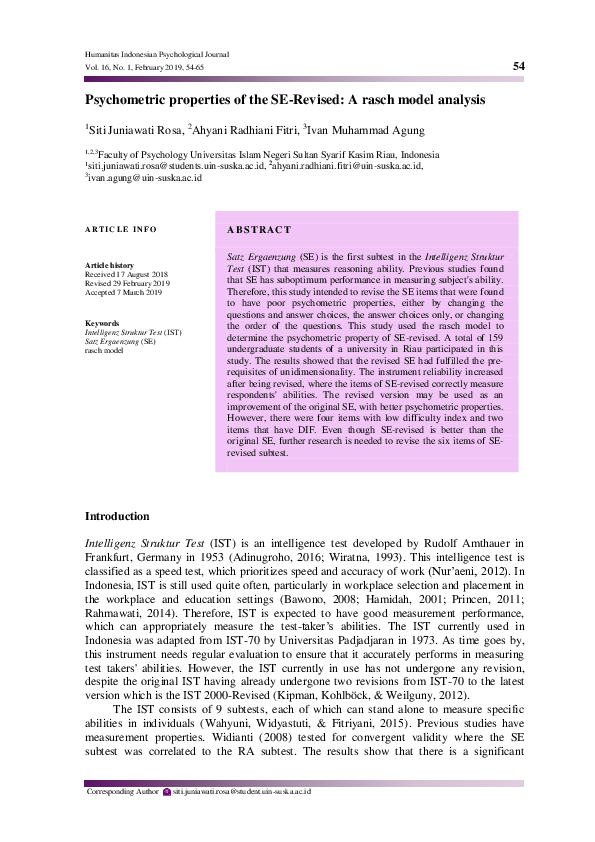 Pdf Psychometric Properties Of The Se Revised A Rasch Model Analysis Ivan M Agung