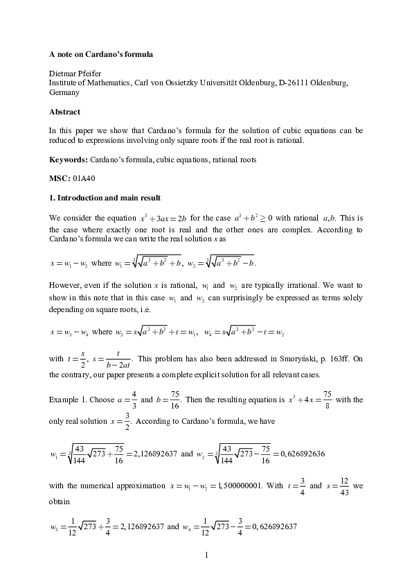 (PDF) A Note on Cardano's formula