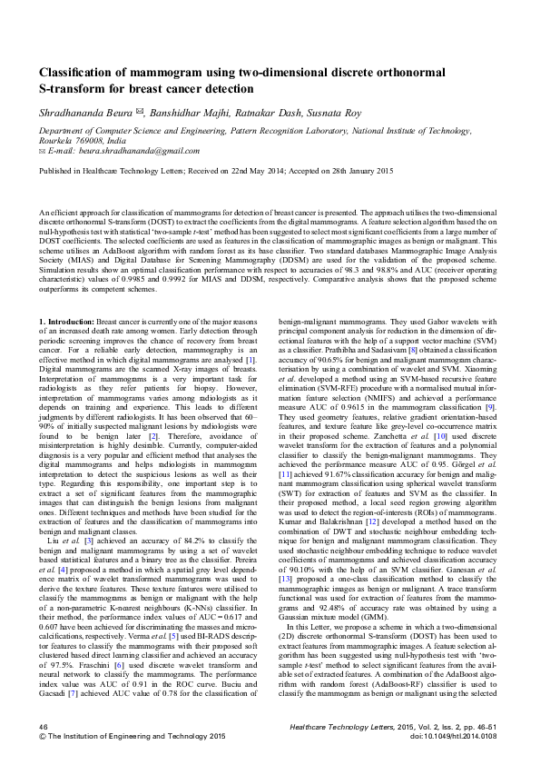 (PDF) Classification of mammogram using two-dimensional discrete orthonormal S-transform for ...