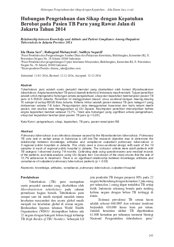 (PDF) Hubungan Pengetahuan dan Sikap dengan Kepatuhan Berobat pada Pasien TB Paru yang Rawat ...