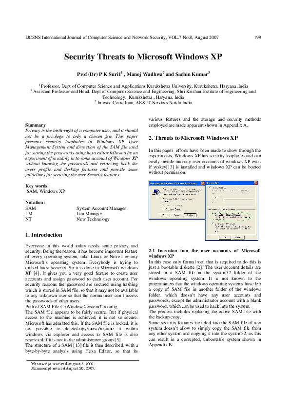 (PDF) Security Threats to Microsoft Windows XP