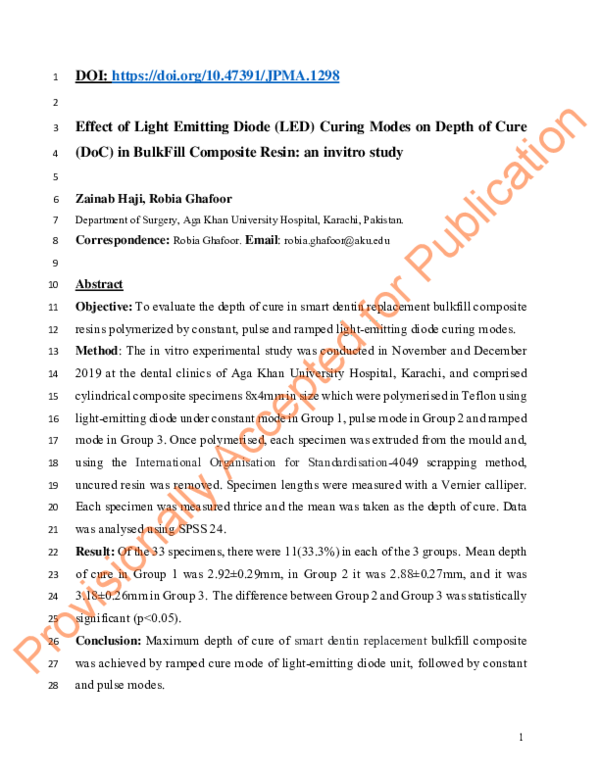 Pdf Effect Of Light Emitting Diode Led Curing Modes On Depth Of Cure Doc In Bulkfill