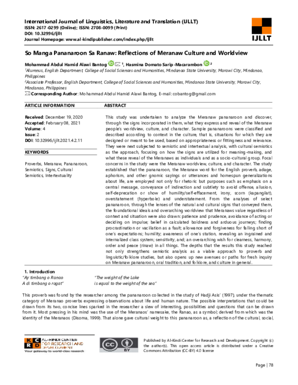 (PDF) So Manga Pananaroon Sa Ranaw: Reflections of Meranaw Culture and ...