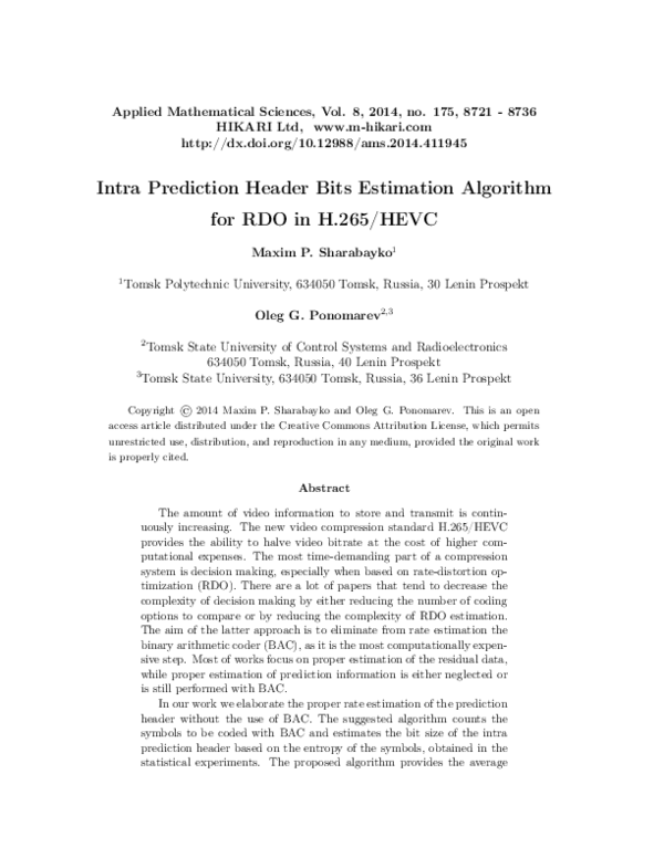 (PDF) Intra prediction header bits estimation algorithm for RDO in H.265/HEVC