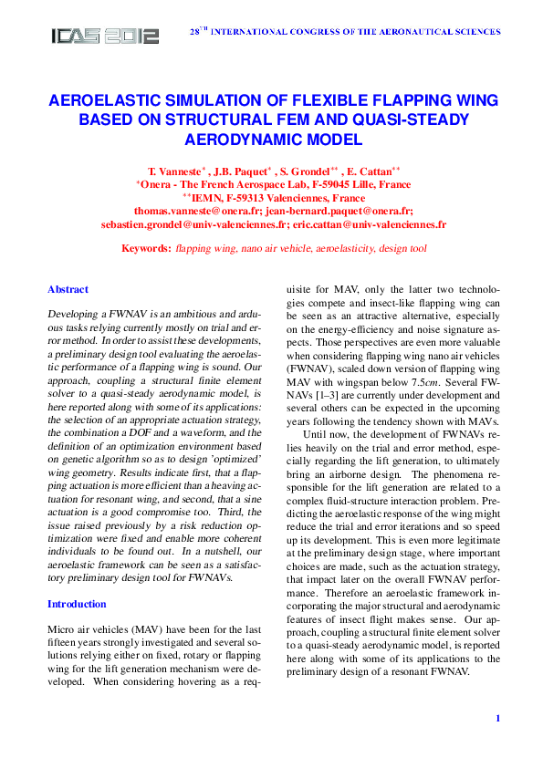 (PDF) Aeroelastic Simulation of Flexible Flapping Wing Based on Structural Fem and Quasi-Steady ...