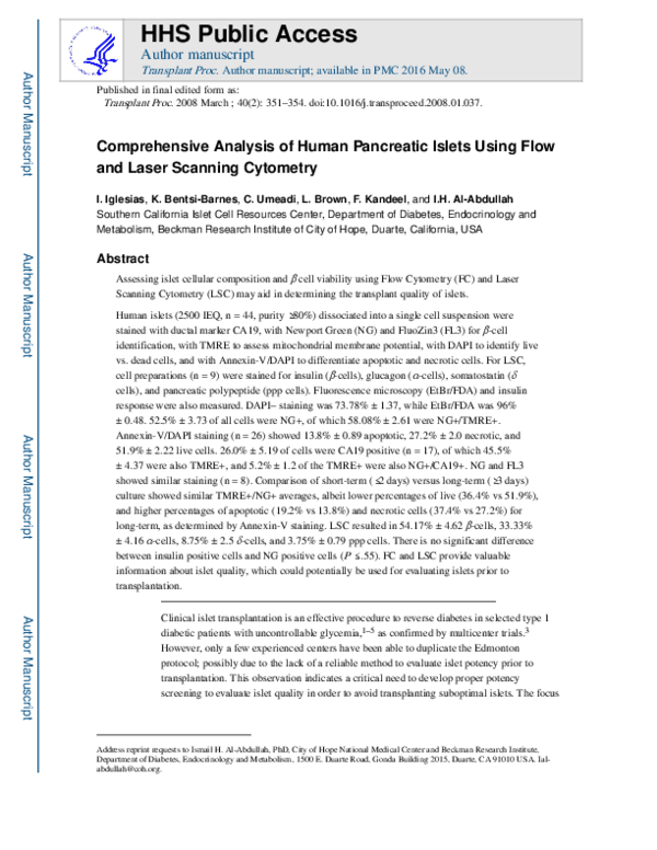 (PDF) Comprehensive Analysis of Human Pancreatic Islets Using Flow and ...