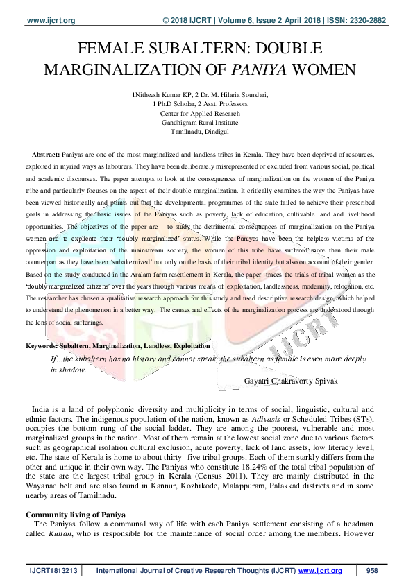 (PDF) Female Subaltern: Double Marginalization of Paniya Women