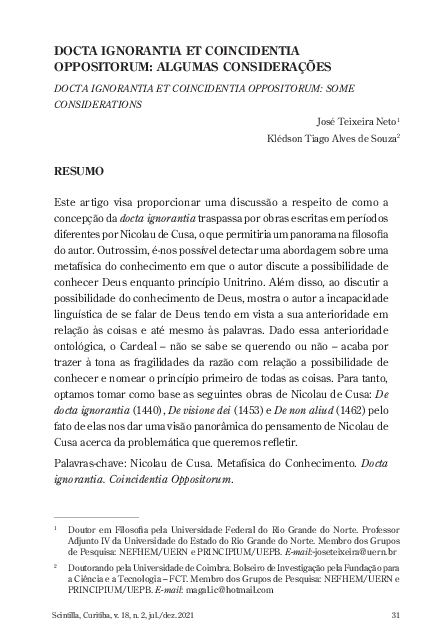 (PDF) DOCTA IGNORANTIA ET COINCIDENTIA OPPOSITORUM: ALGUMAS CONSIDERAÇÕES