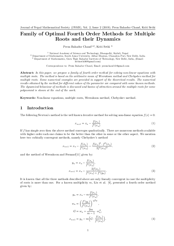 (PDF) Family of Optimal Fourth Order Methods for Multiple Roots and their Dynamics