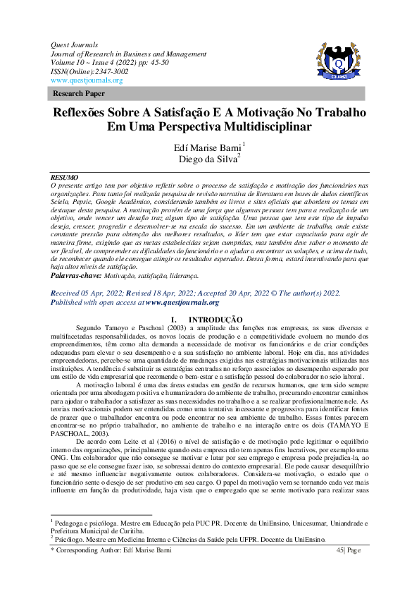 (PDF) Reflexões Sobre A Satisfação E A Motivação No Trabalho Em Uma ...
