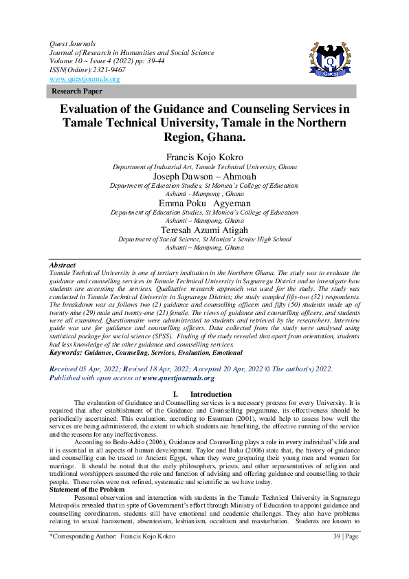 (PDF) Evaluation of the Guidance and Counseling Services in Tamale ...