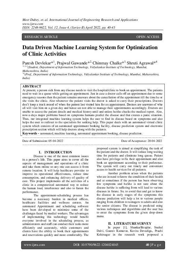 Pdf Data Driven Machine Learning System For Optimization Of Clinic