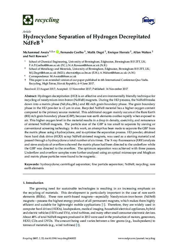 (PDF) Hydrocyclone Separation of Hydrogen Decrepitated NdFeB | Malik ...